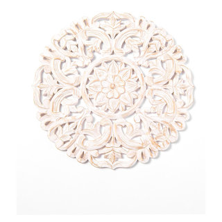 Round Decorative Whitewashed Carved Wood Wall Panel - Farmhouse - Wall ...