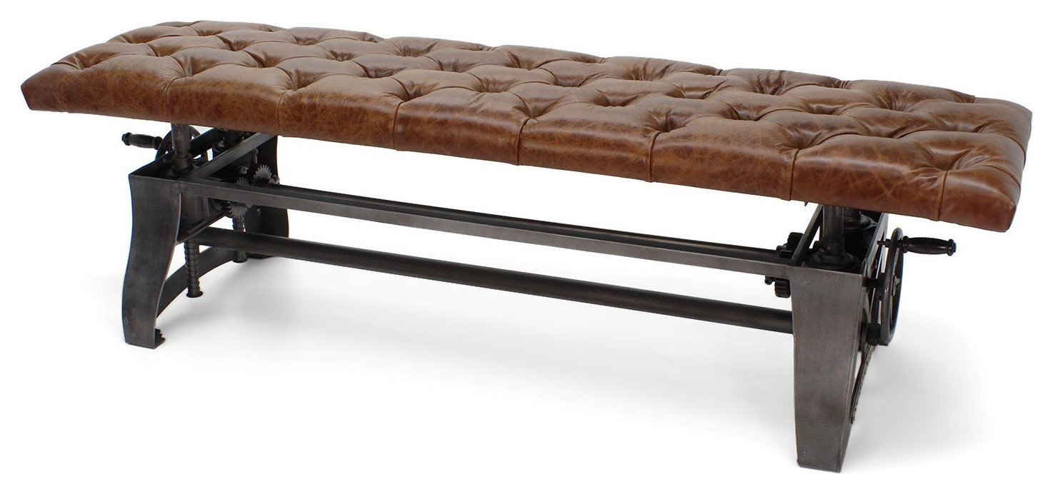 Crescent Industrial Dining Bench - Adjustable Iron Base - Brown Leather ...