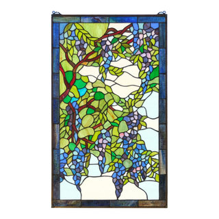 20" x 33.75" Large Tiffany Style glass window panel wisteria flowers ...