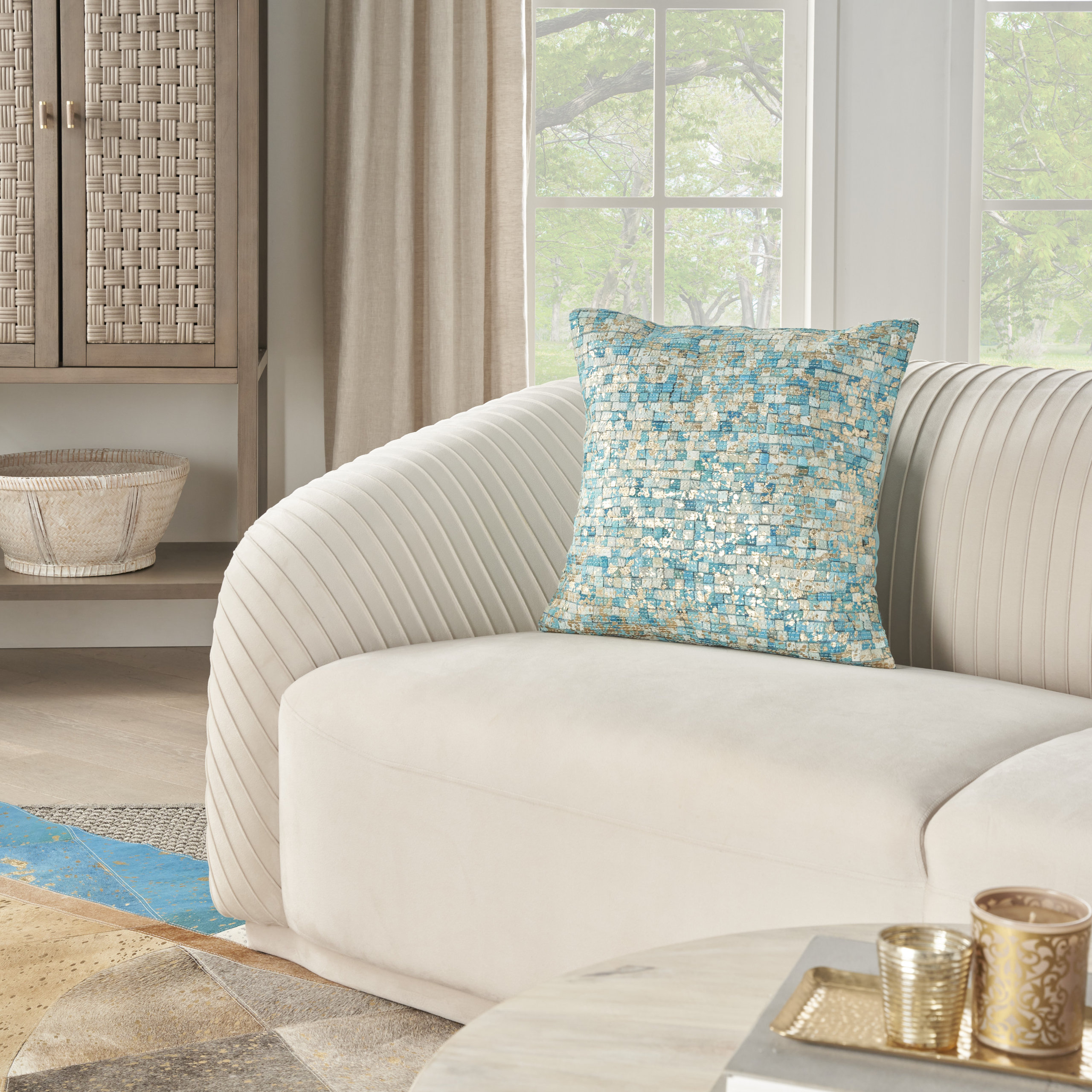 Natural Leather Hide Metallic Piecework 20" x 20" Tur/Gld Throw Pillow ...