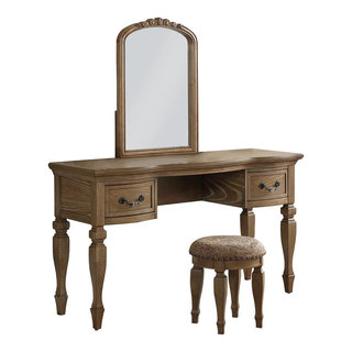 Benzara BM268887 3 Piece Vanity Set With Carved Mirror and Turned Legs ...