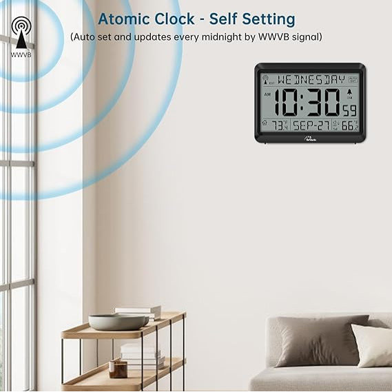 Atomic Clock with Indoor Outdoor Temperature, Self-Setting Digital Wall ...