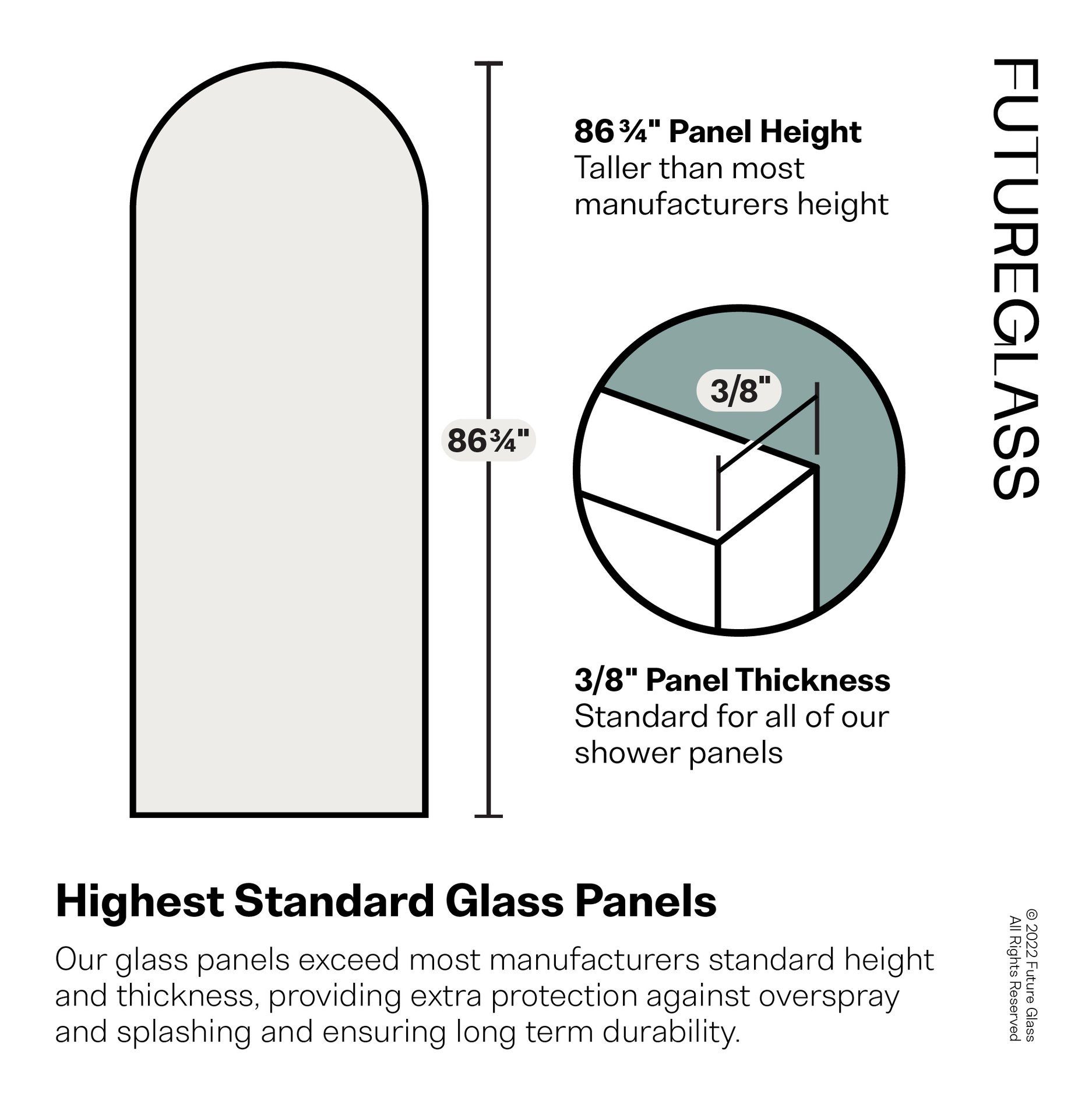 30"x86.75" Frameless Shower Door, Arched Fluted Single Fixed Panel ...