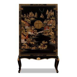 Black Victorian Style Chinoiserie Chinese Scenery Motif Armoire - Asian ...