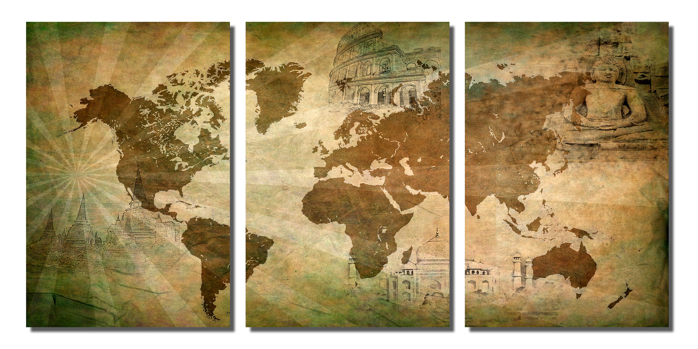 Landmark World Map, Metal Print, Wall Art, 3 Panel Split, Triptych Wall ...