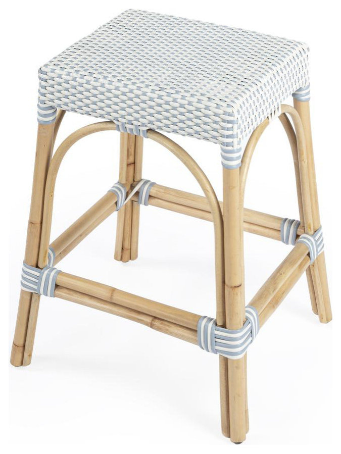 Butler Robias Twilight Blue & White Rattan Counter Stool - Tropical ...