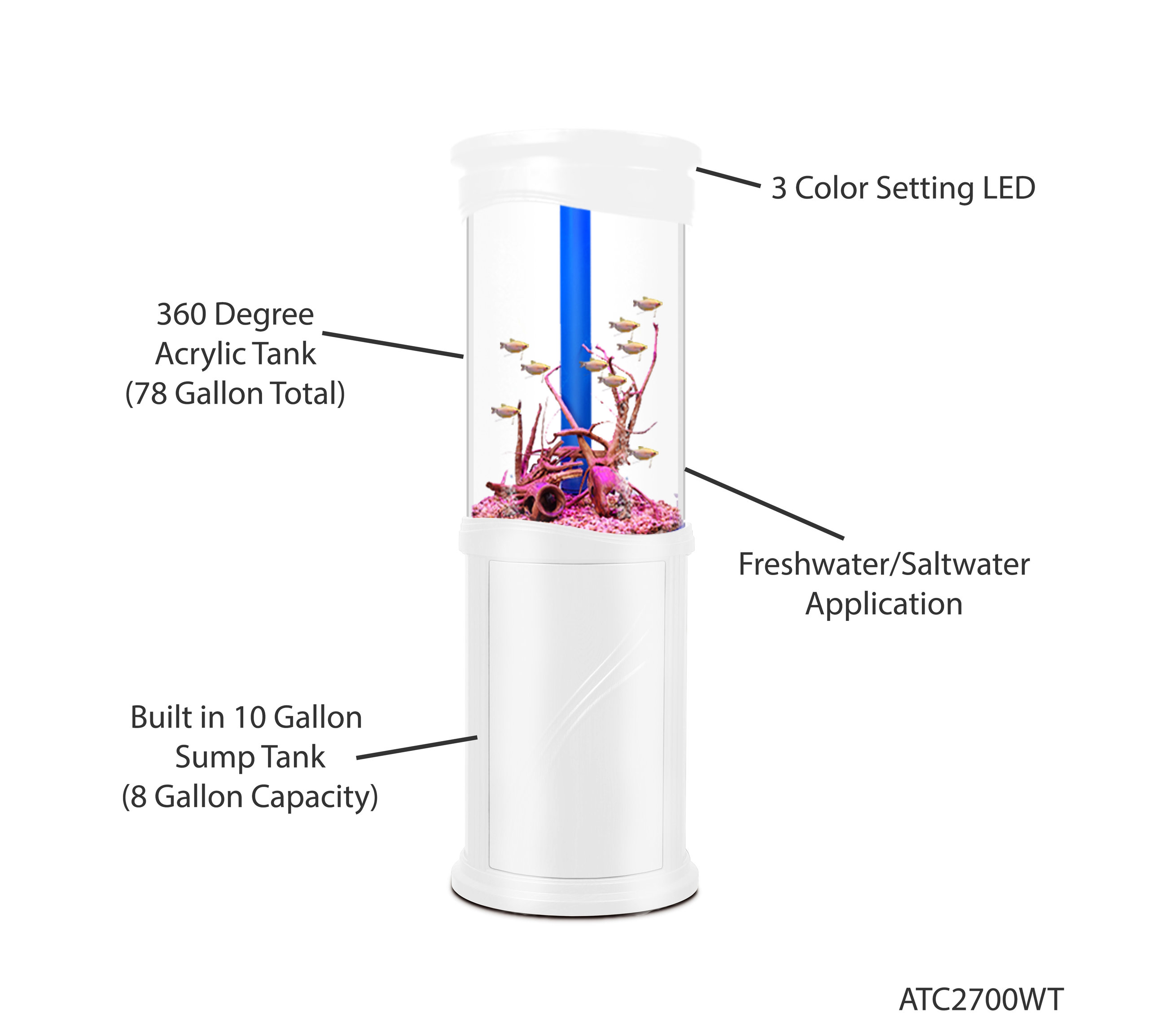 Vepotek Aqualic 360 Acrylic Aquarium Cylinder Fish Tank 78 Gallons w ...