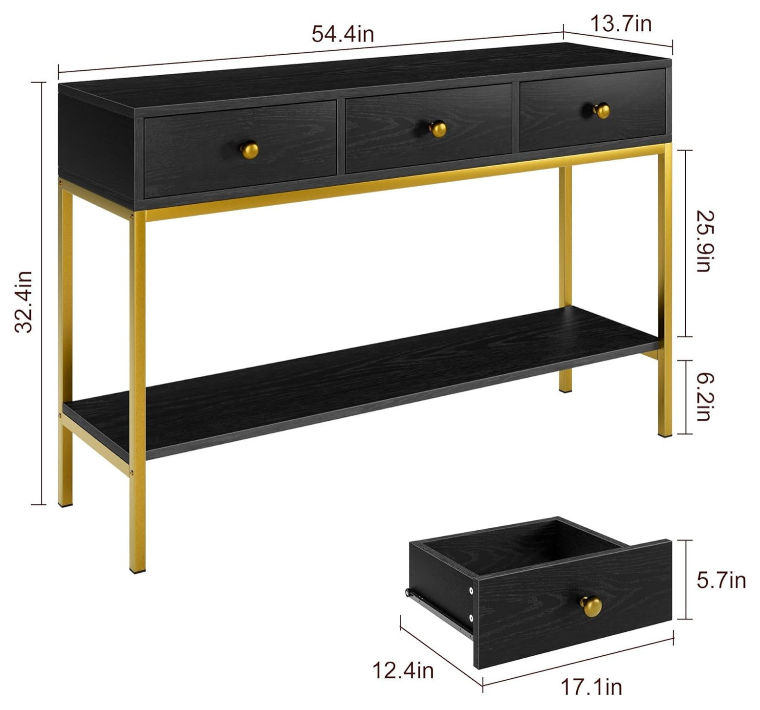 Modern Console Table, Golden Metal Frame & 3 Drawers With Rounded Knobs ...