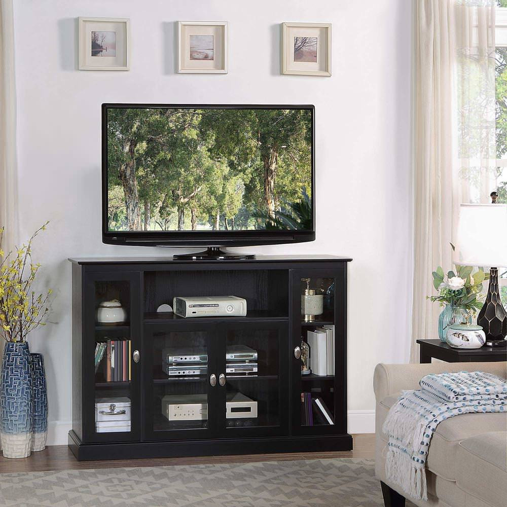 Summit Highboy TV Stand with Storage Cabinets and Shelves, Black Finish ...