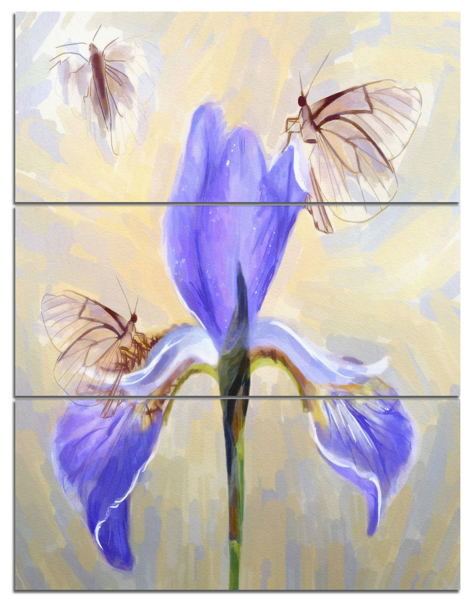 Blue Flower with Butterflies Sketch, Floral Triptych Canvas Art, 28x36, 3 Panels, 28"x36 ...