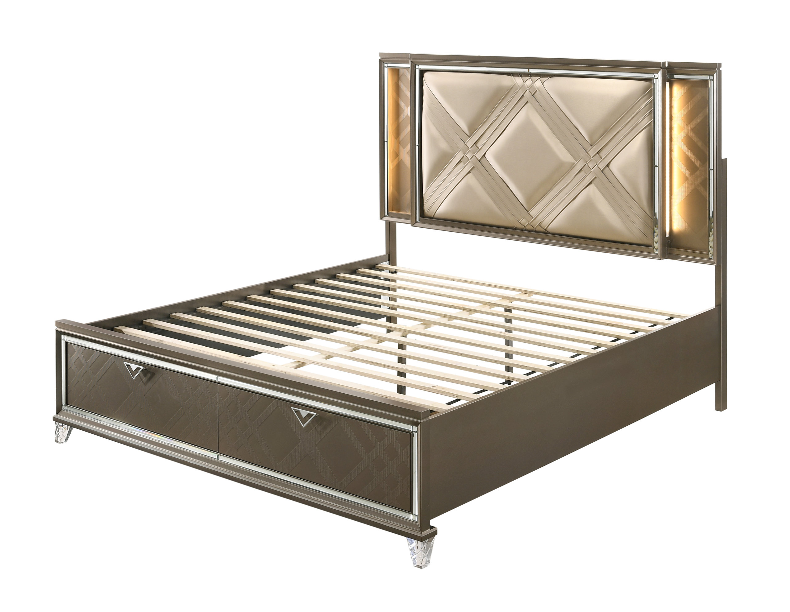 Skylar Bed With Storage, LED, PU and Dark Champagne, Queen ...