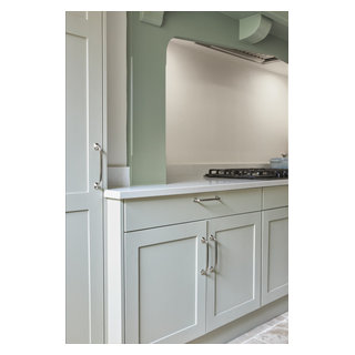 Capri White Gemini Quartz worktops with sage green cabinetry - Rustic ...