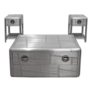 Pilot 3-Piece Coffee Table Set With Two 1-Drawer Side Tables, Silver ...