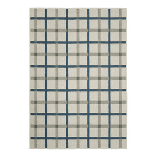 Teagan Geo Squares Beige and Blue Outdoor Power-Loomed Area Rug, 6'7"x9 ...