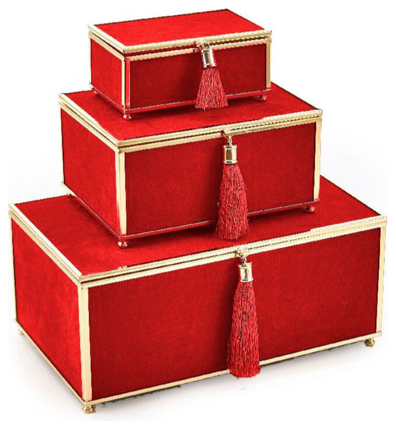 Gorgeous Red Set Of 3 Velveteen Storage Boxes With Tassel ...