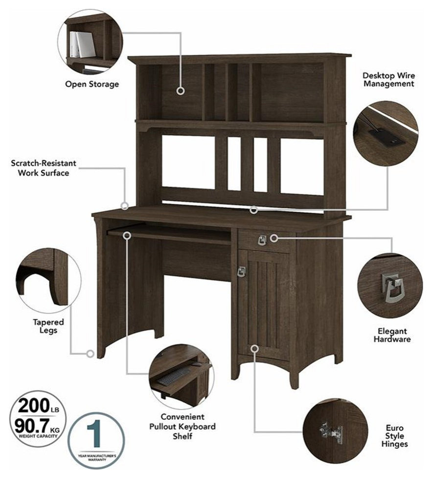Pemberly Row Small Computer Desk with Hutch in Ash Brown - Engineered ...