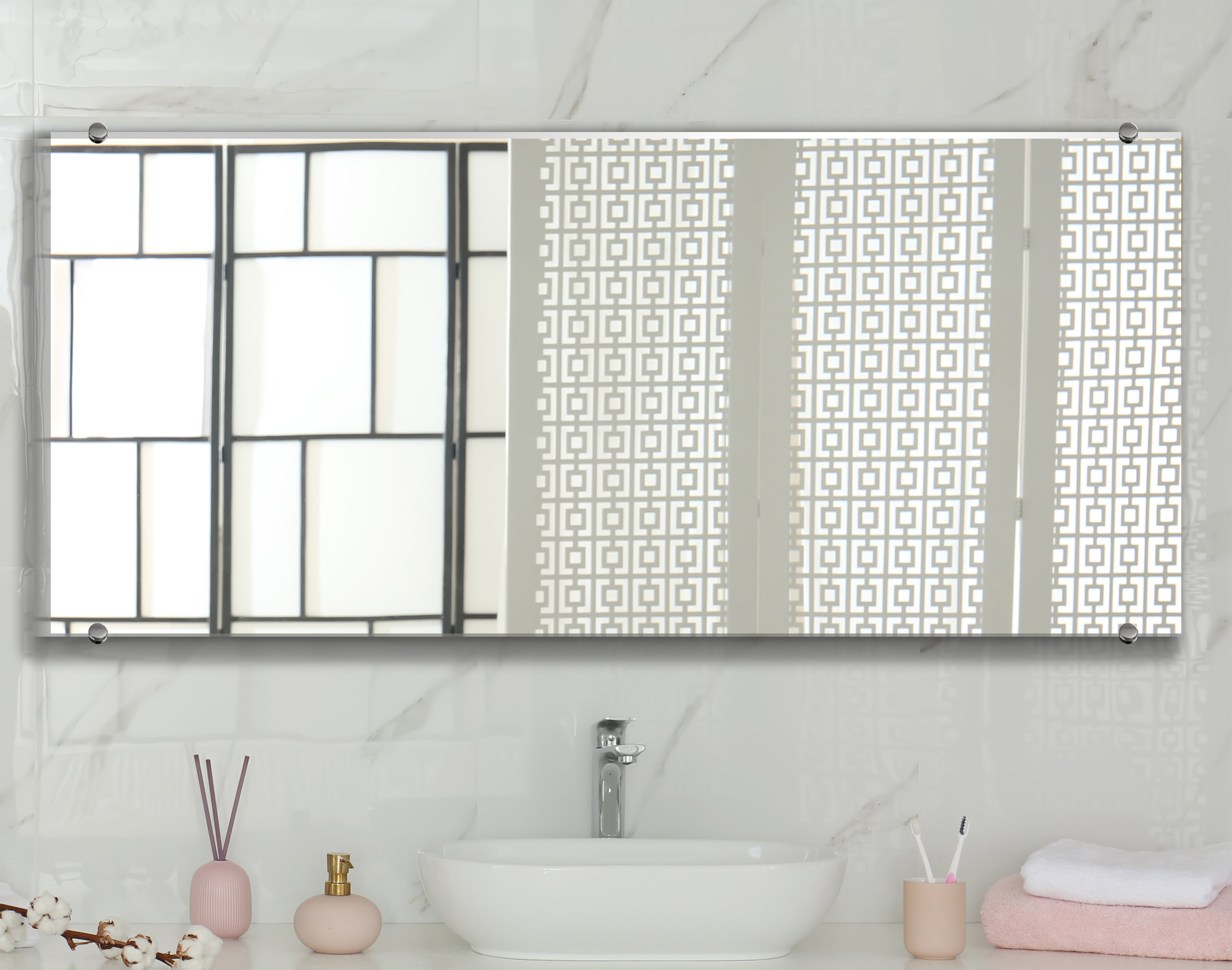 Modern Rustic Frameless Rectangular Wall Mirror, Chrome Round Clips ...