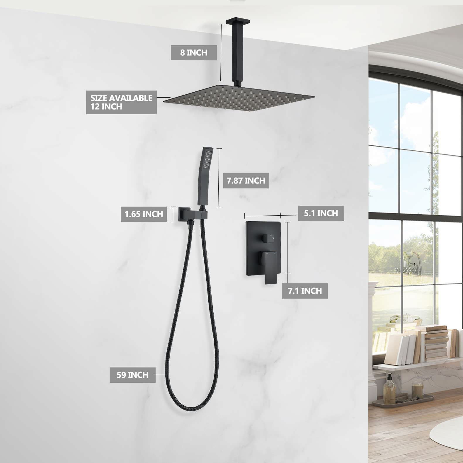 12" Square Rainfall Shower head and Handheld Shower Head Set ...