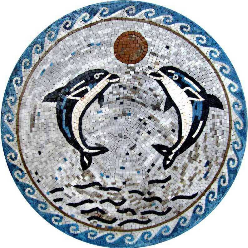 2 Dolphins Mosaic Mural, 31" x31" - Beach Style - Tile Murals - by ...
