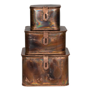 Various Square Decorative Boxes, Burnt Copper Finish, Set of 3 ...
