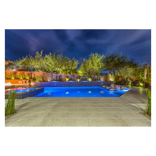 Contemporary Backyard Pool with Tiled Water Feature, Rim Flow Spa ...