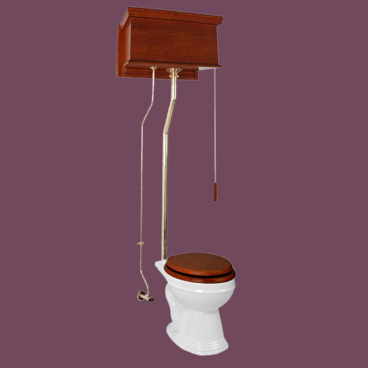Mahogany Finish High Tank Pull Chain Toilet Wooden Flat Tank White ...