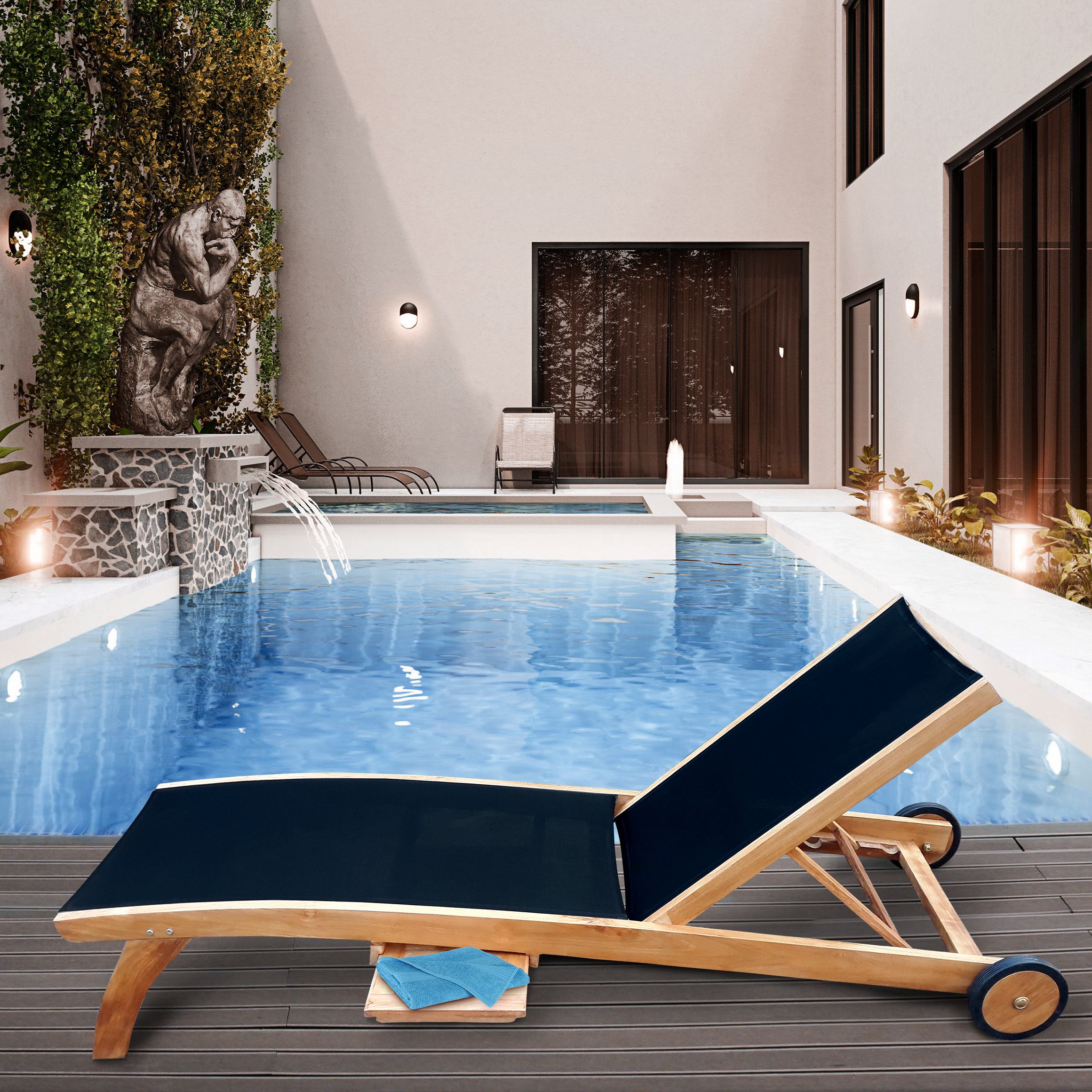 Teak Wood Bahama Pool Lounger With Batyline Mesh, Black - Transitional ...