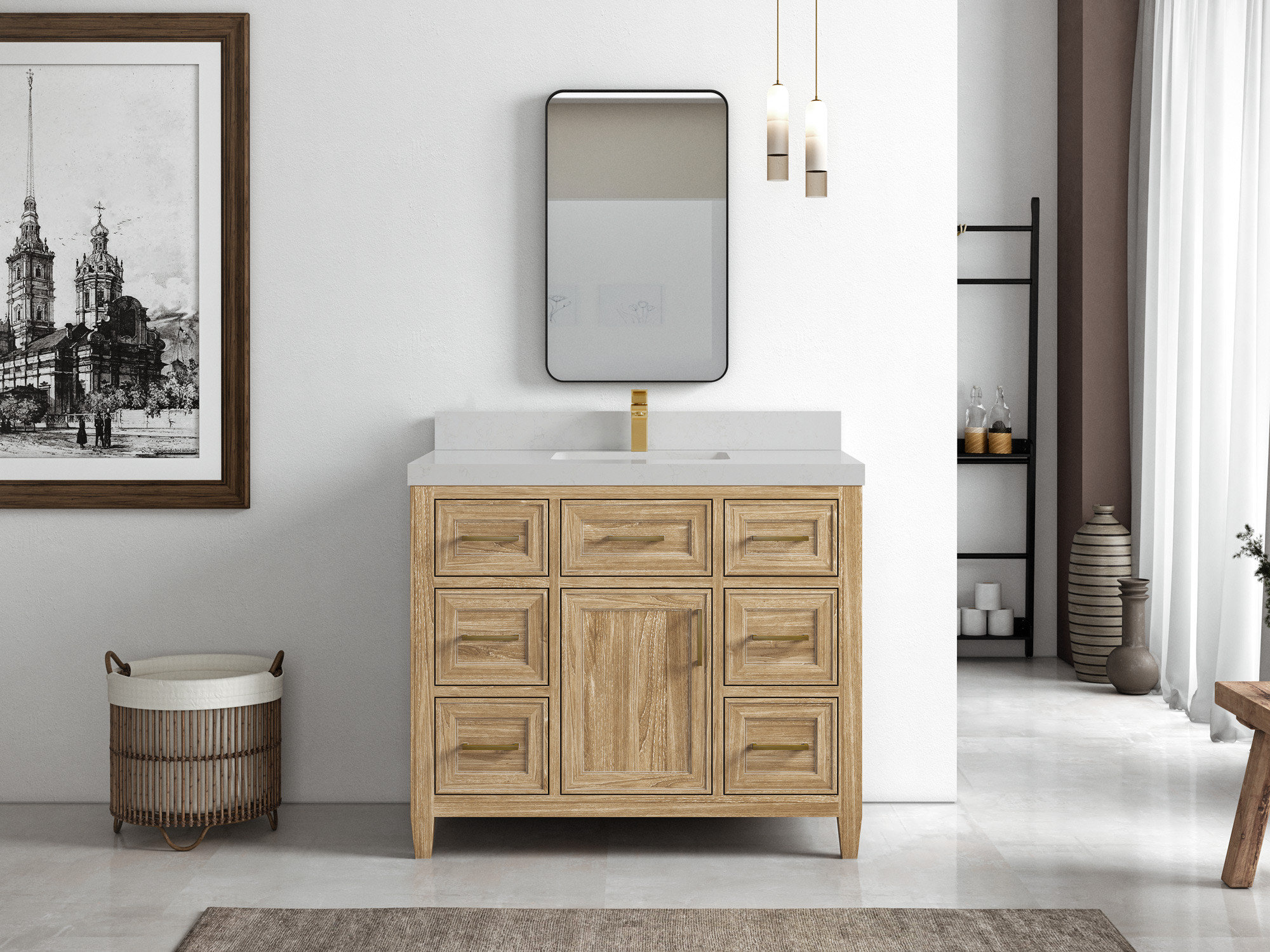 Santa Monica 42 Single Sink Bath Vanity in Whitewashed Teak 2" Carrara ...