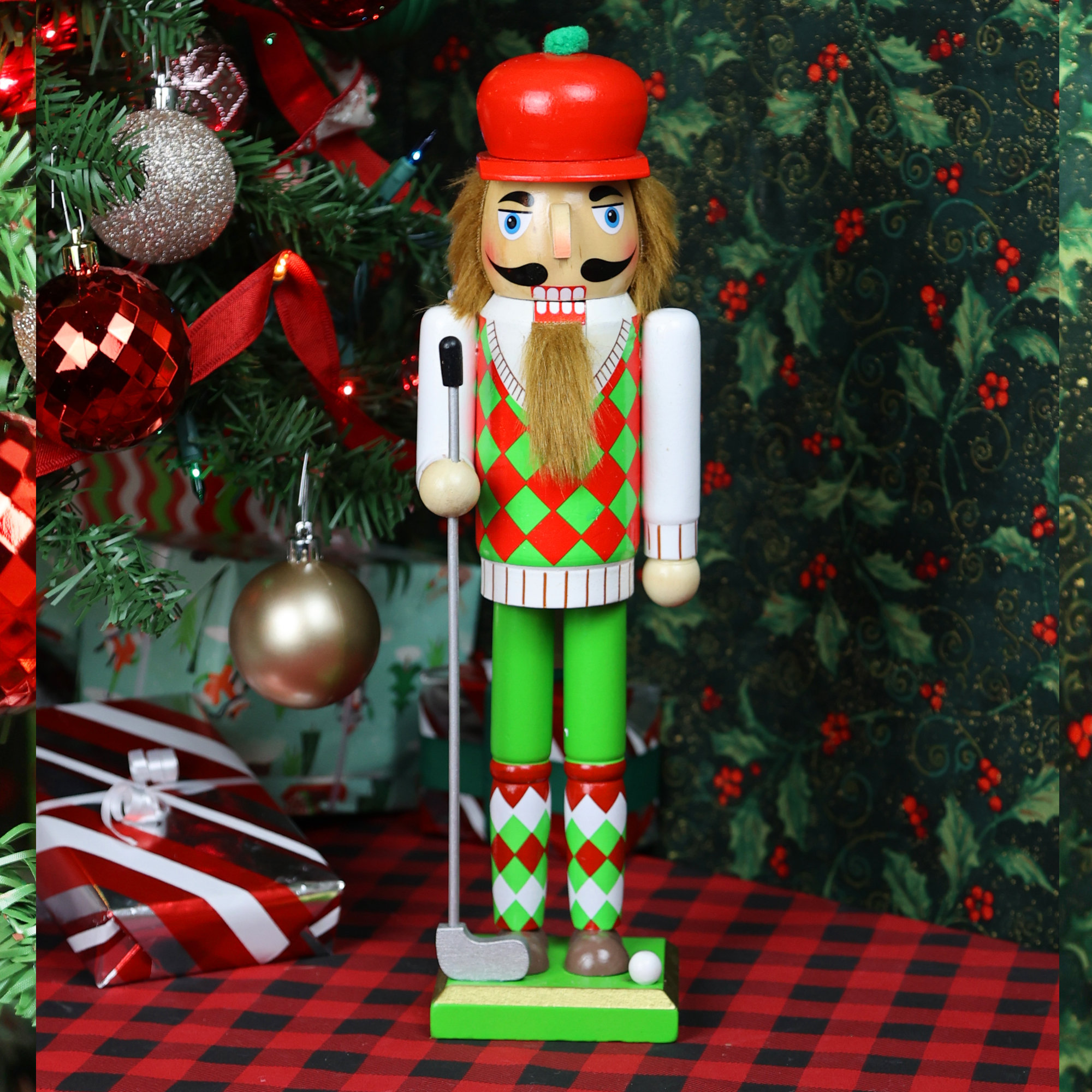 15" Golf Themed Wooden Nutcracker Christmas Decoration With Argyle and ...