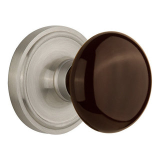 Classic Rosette Passage Brown Porcelain Knob, Bright Chrome, Backset Size: 2.75" - Transitional ...