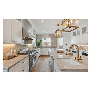 Omega kitchen Anson white painted door Stainless Steel appliances gold ...