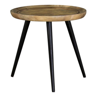 Piyo 22" Round End Table, Raised Edge Wood Top, Tripod Black Iron Legs ...