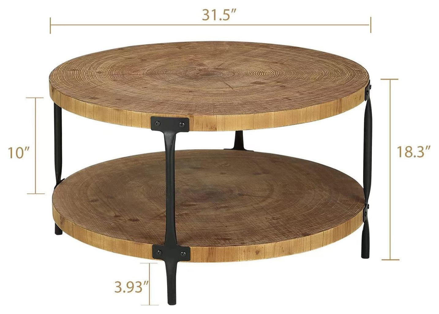 Farmhouse Coffee Table, Metal Legs With Natural Wooded Top & Lower Open ...