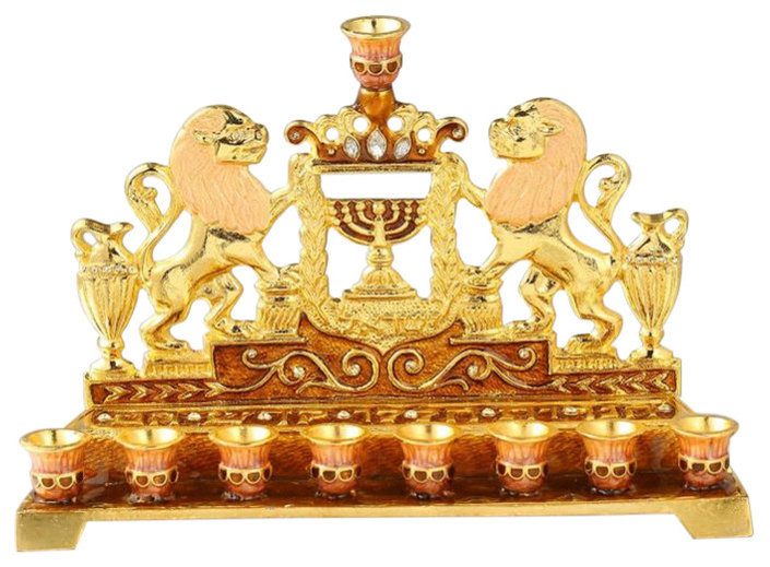 Hand Painted Enamel Menorah Candelabra With Lions and Menorah Design ...