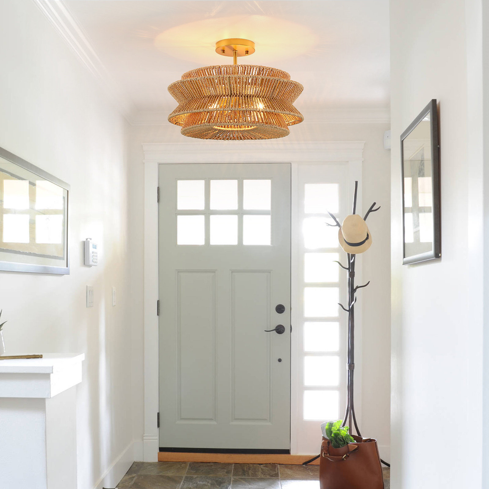 16" 2-Light Bohemian Woven Rope Semi-Flush Mount Ceiling Light - Beach ...