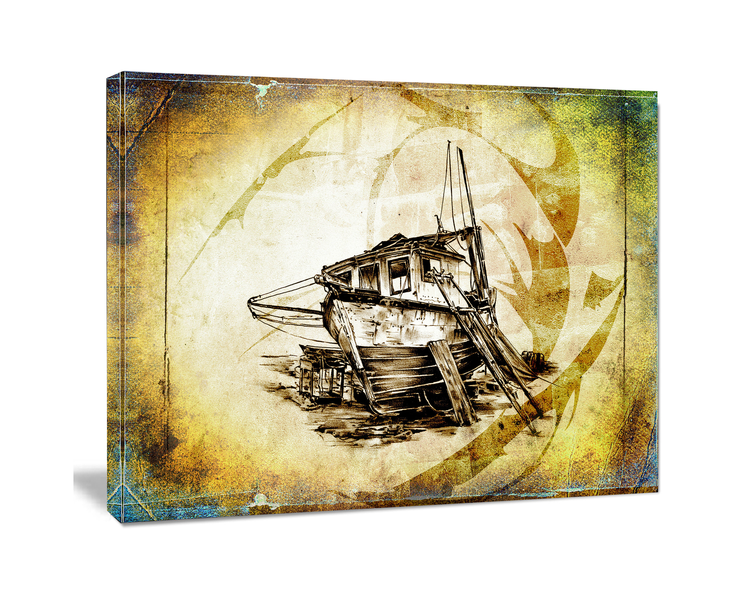 Drawing of Large Ancient Boat, Seashore Wall Art on Canvas, 20"x12 ...