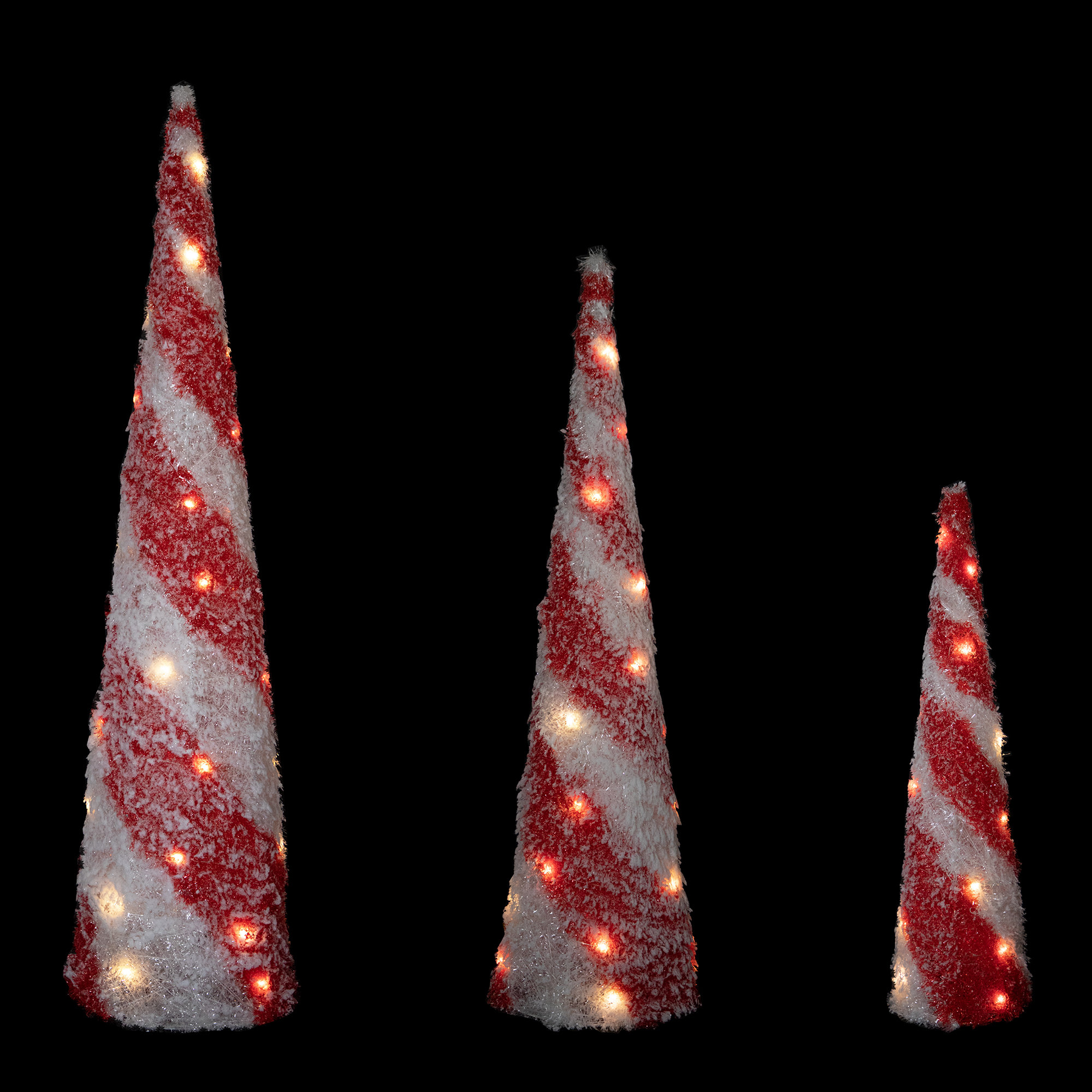 3-Piece LED Lighted Snowy Candy Cane Striped Christmas Cone Tree Set3 ...