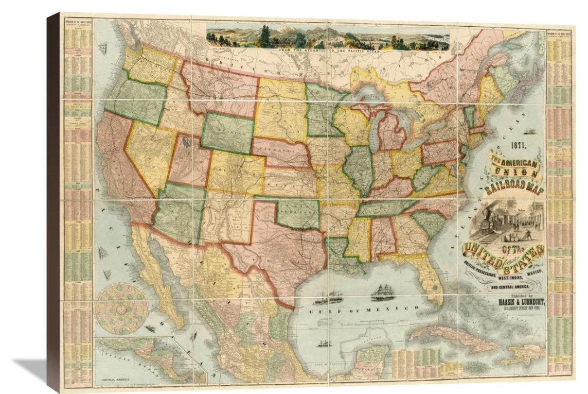 American Union Railroad Map Of The United States, 1871, 16"x1.5"x12 ...