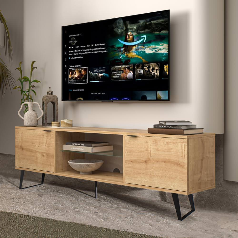 Mid Century Modern Door Glass Shelf Tv Stand Oak Transitional 4945