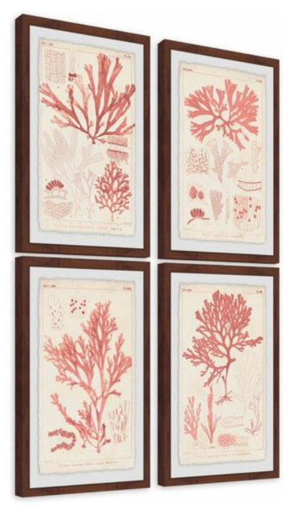 4-Piece "Antique Coral Seaweed" Quadriptych, 32"x48" - Beach Style ...