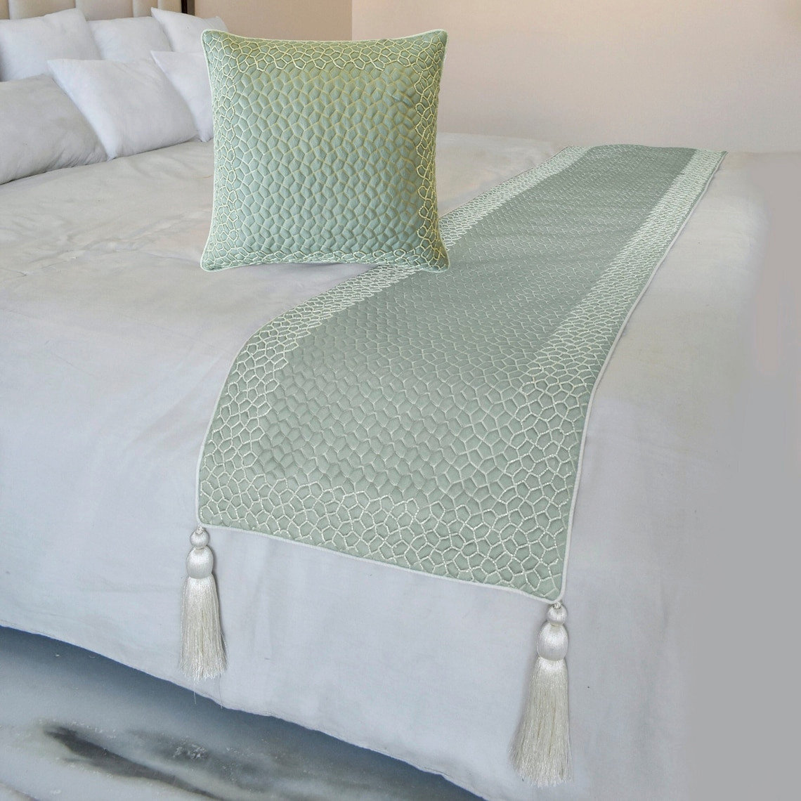 Blue Jacquard Twin Bed Runner, Mosaic - Tessellation Blue, Full 68"x18 ...