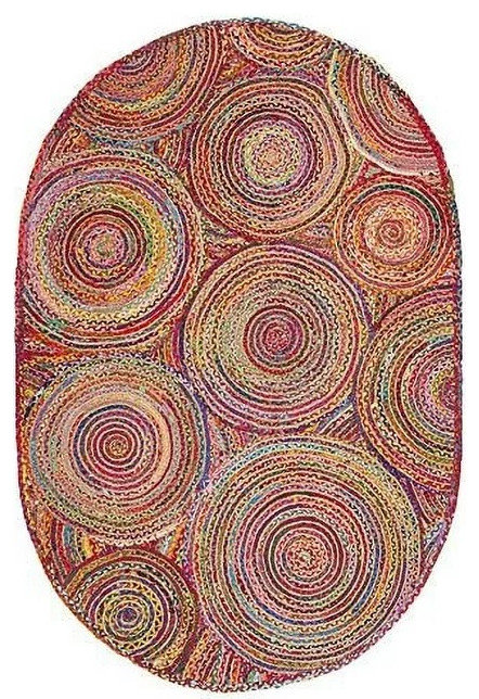 Reversible Multicolor Cotton and Jute Oval Rug, Handwoven Farmhouse ...