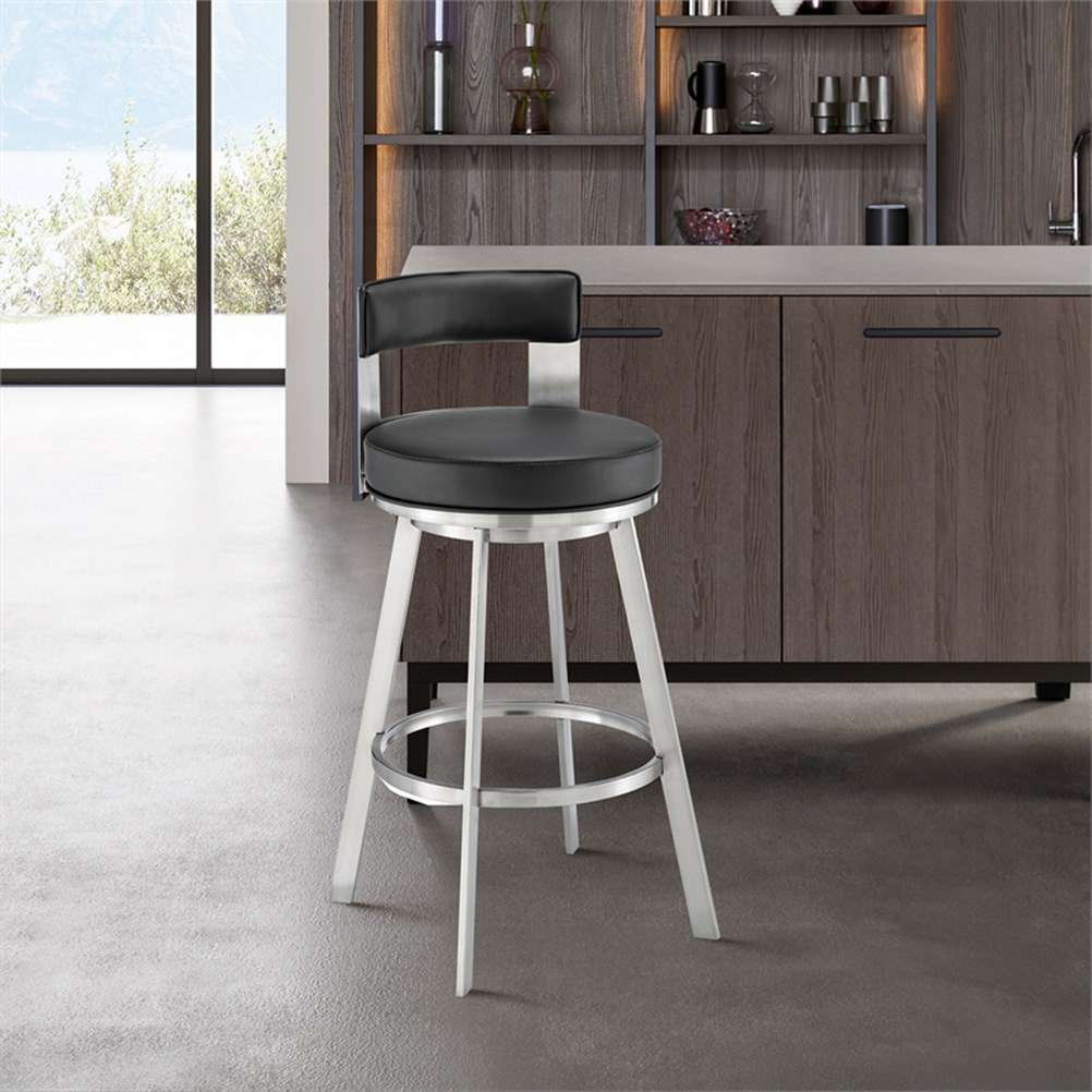 Armen Living Flynn 30" Swivel Stainless Steel & Faux Leather Bar Stool ...