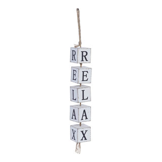 White Wood Coastal Relax Blocks Wall Decor with Rope 3" x 3" x 27 ...