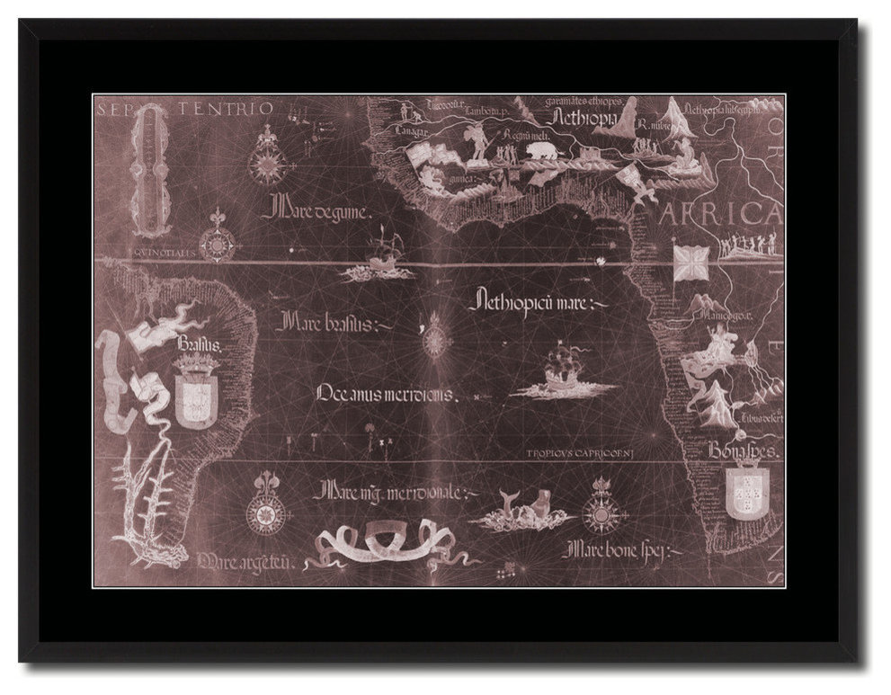 Portolan Chart Vivid Sepia Map Print On Canvas With Black Frame, 16" X ...