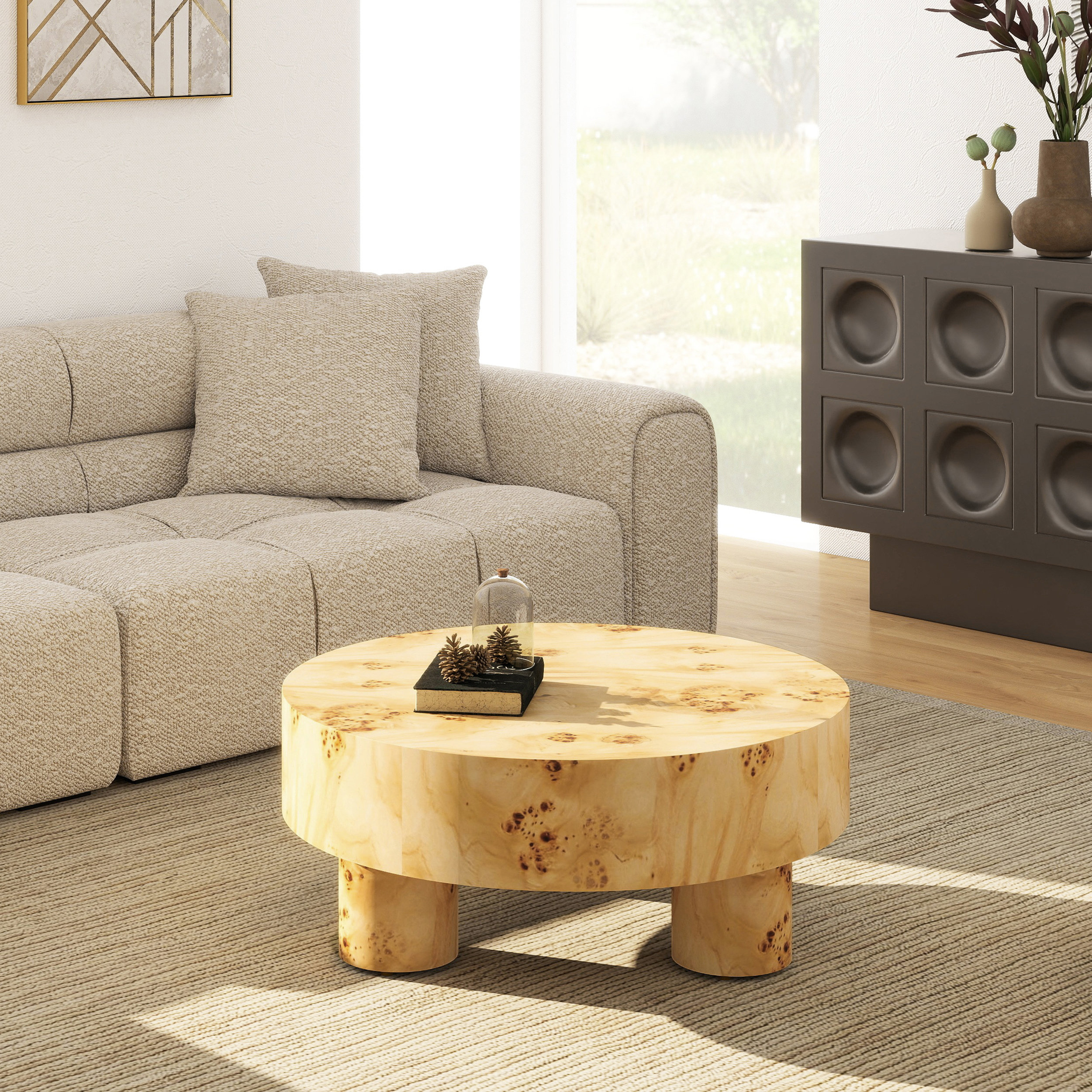 Nebula 35.5" Burl Wood Round Pillar Leg Coffee Table, Warm Natural ...