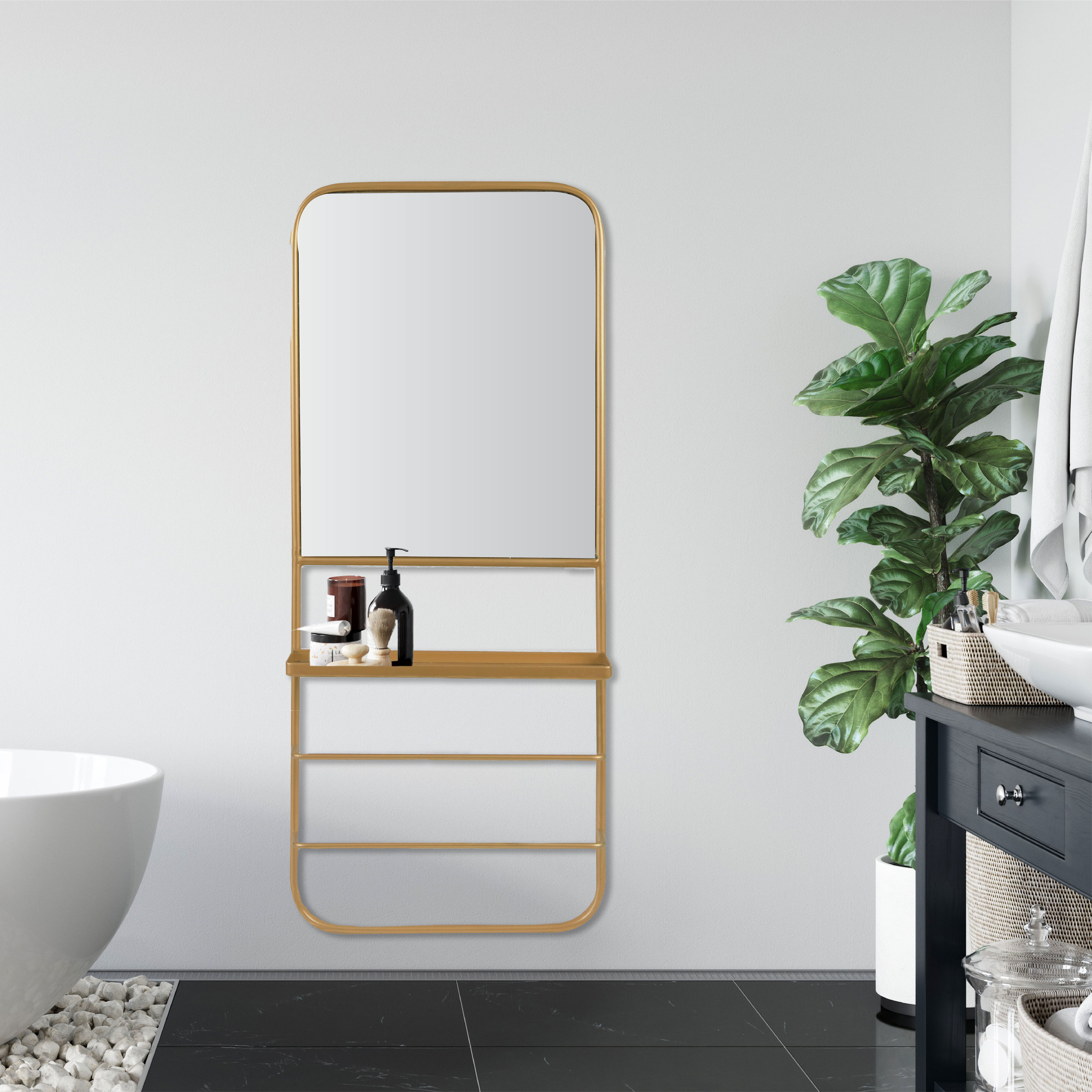 Metal Wall Mirror With Shelf, Gold Finish - Contemporary - Wall Mirrors ...