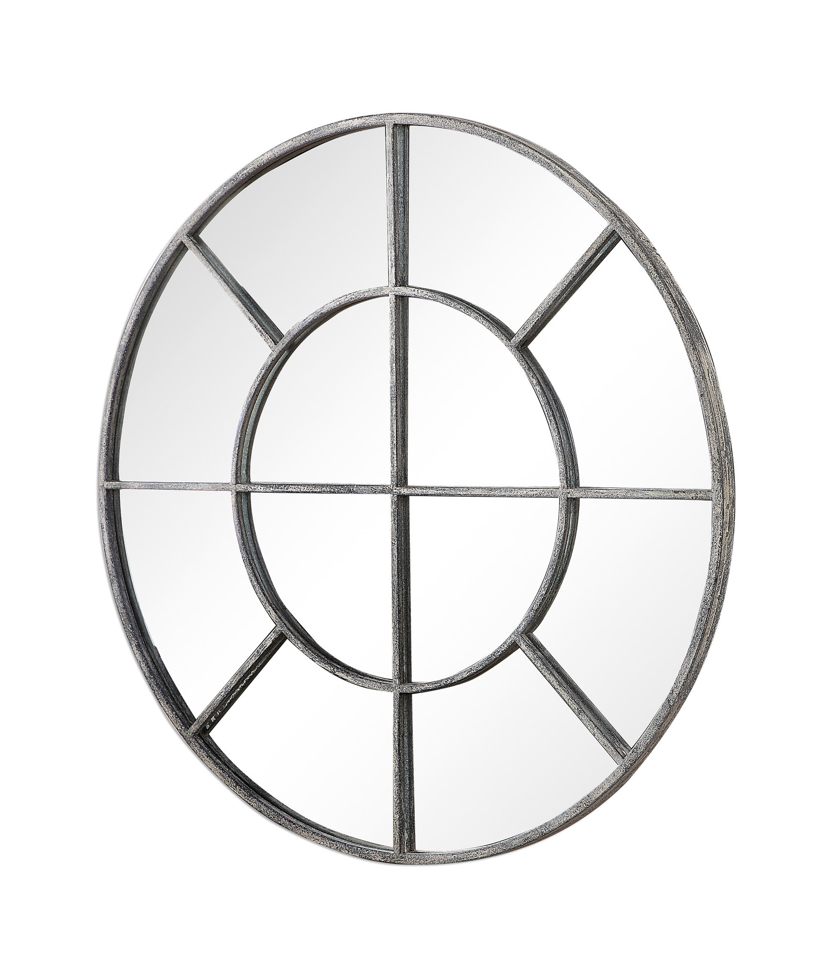 Benzara Round Metal Frame Wall Mirror with Window Pane Design, Gray and ...