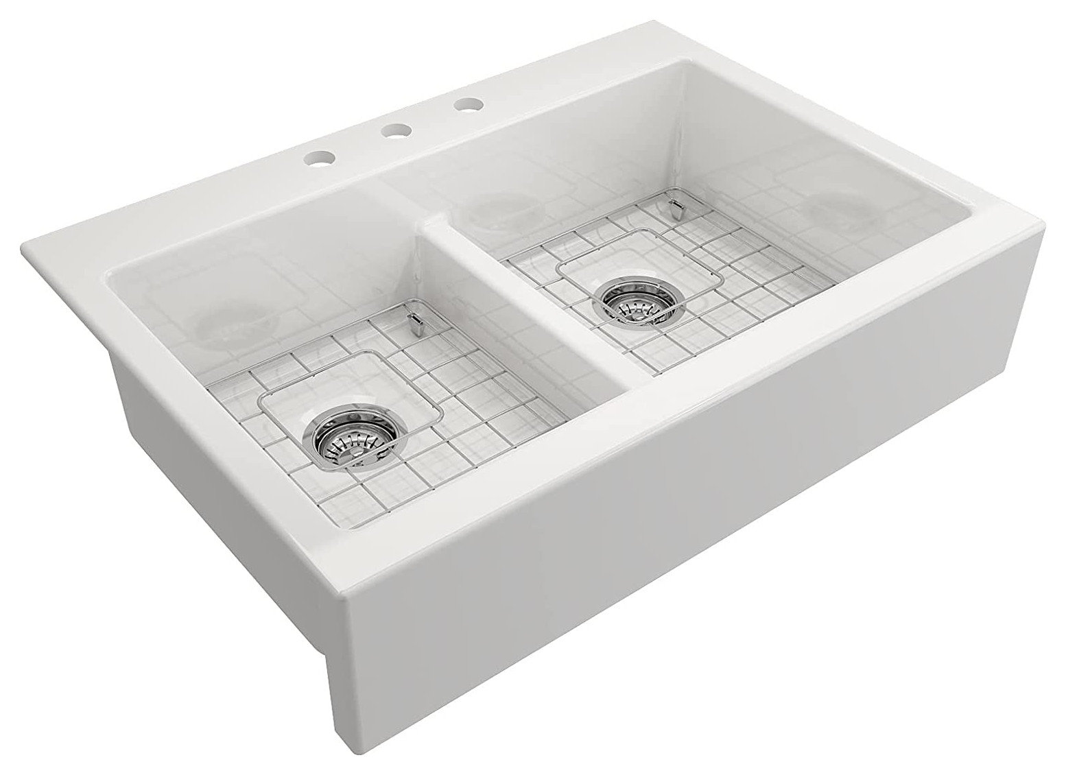 BOCCHI 1501-001-KIT1 Apron Front Drop-In Fireclay 34" 2 Bowl Kitchen ...