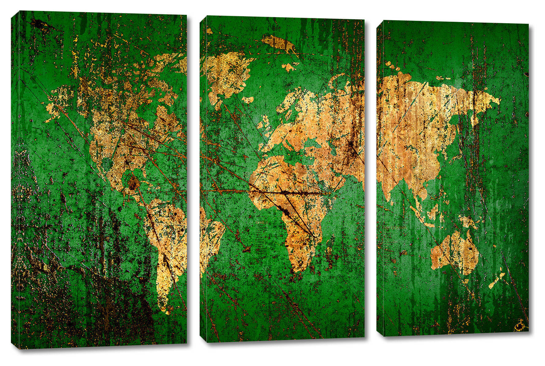 Abstract Green World Map Canvas Print 3 Panel Split, Triptych Wall Art ...